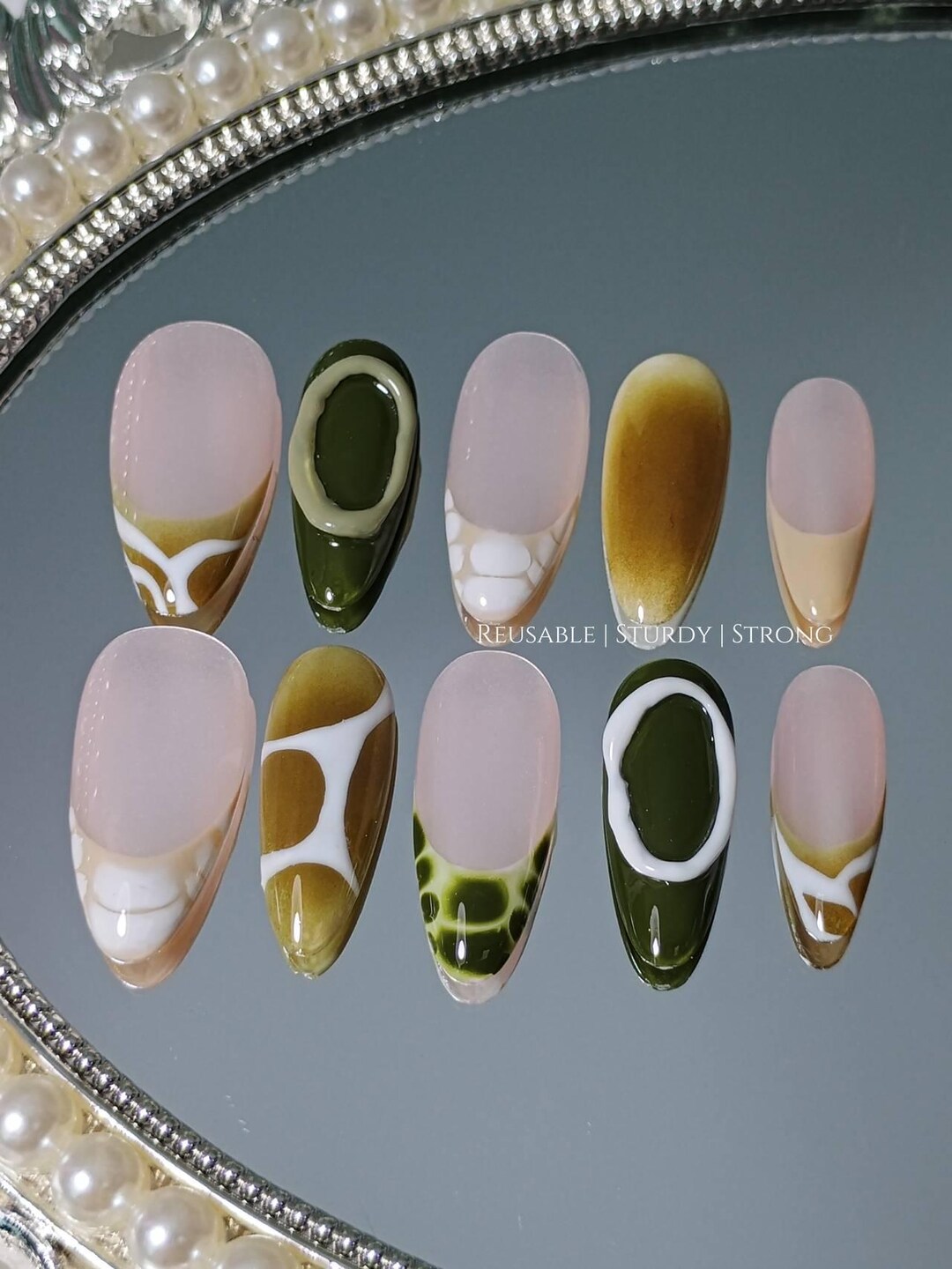 Enchanting Emerald Greenery Swirl Nails | Reusable Nails | Strong Gel ...