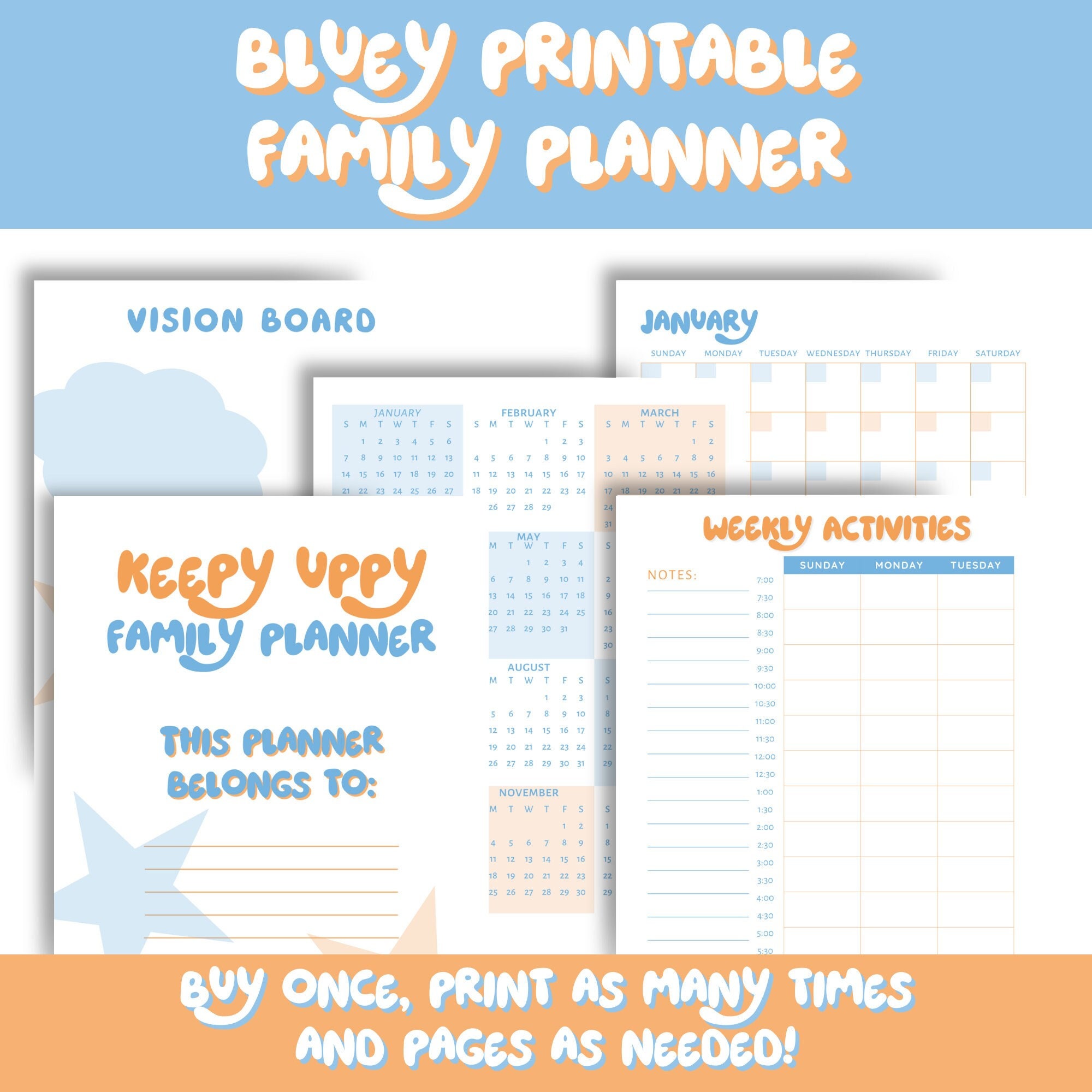 Bluey Undated Printable Planner, Letter Size, 8.5x11 Planner, Aesthetic ...