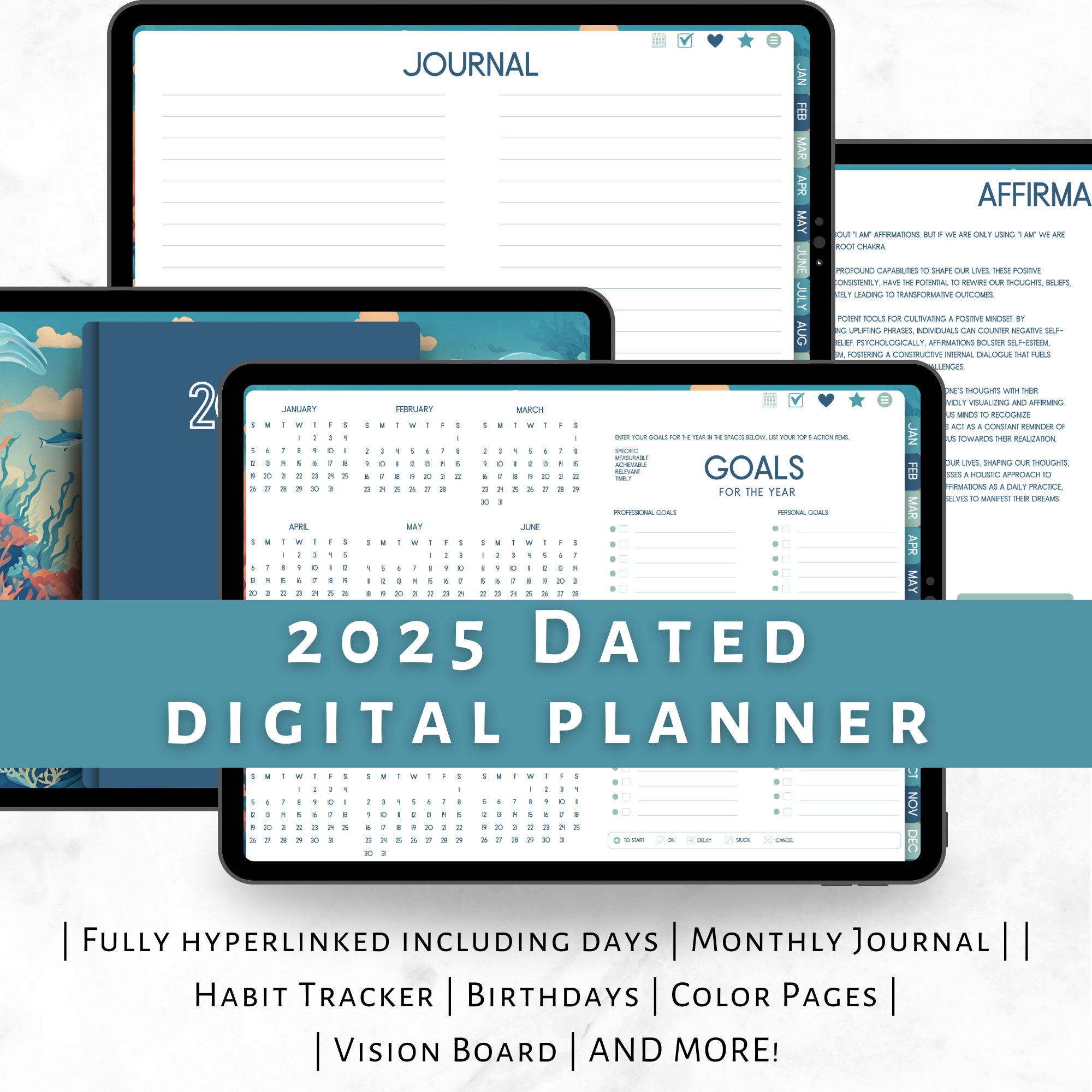 Ocean Themed 2025 Digital Planner, Hyperlinked Digital Planner ...