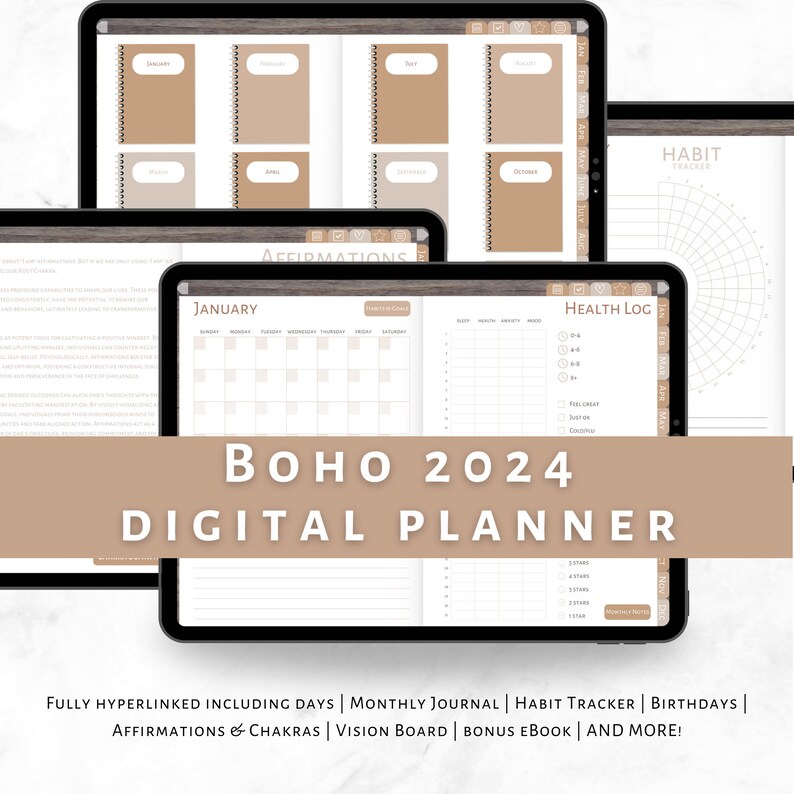 Boho 2024 Digital Planner, Hyperlinked Digital Planner, Aesthetic ...