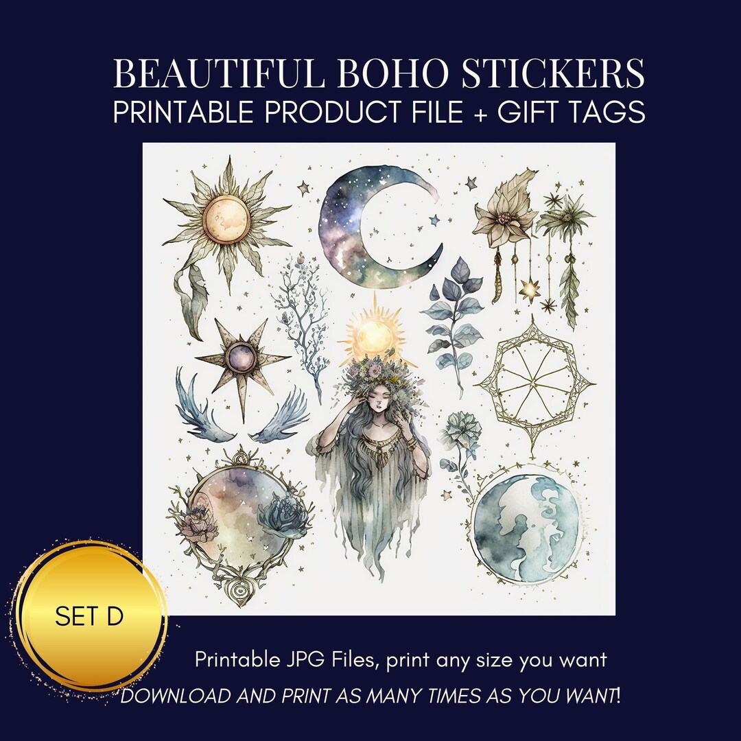 BOHO CELESTIAL Printable Stickers Sheet With 8 Bonus Gift Tags in A4 ...