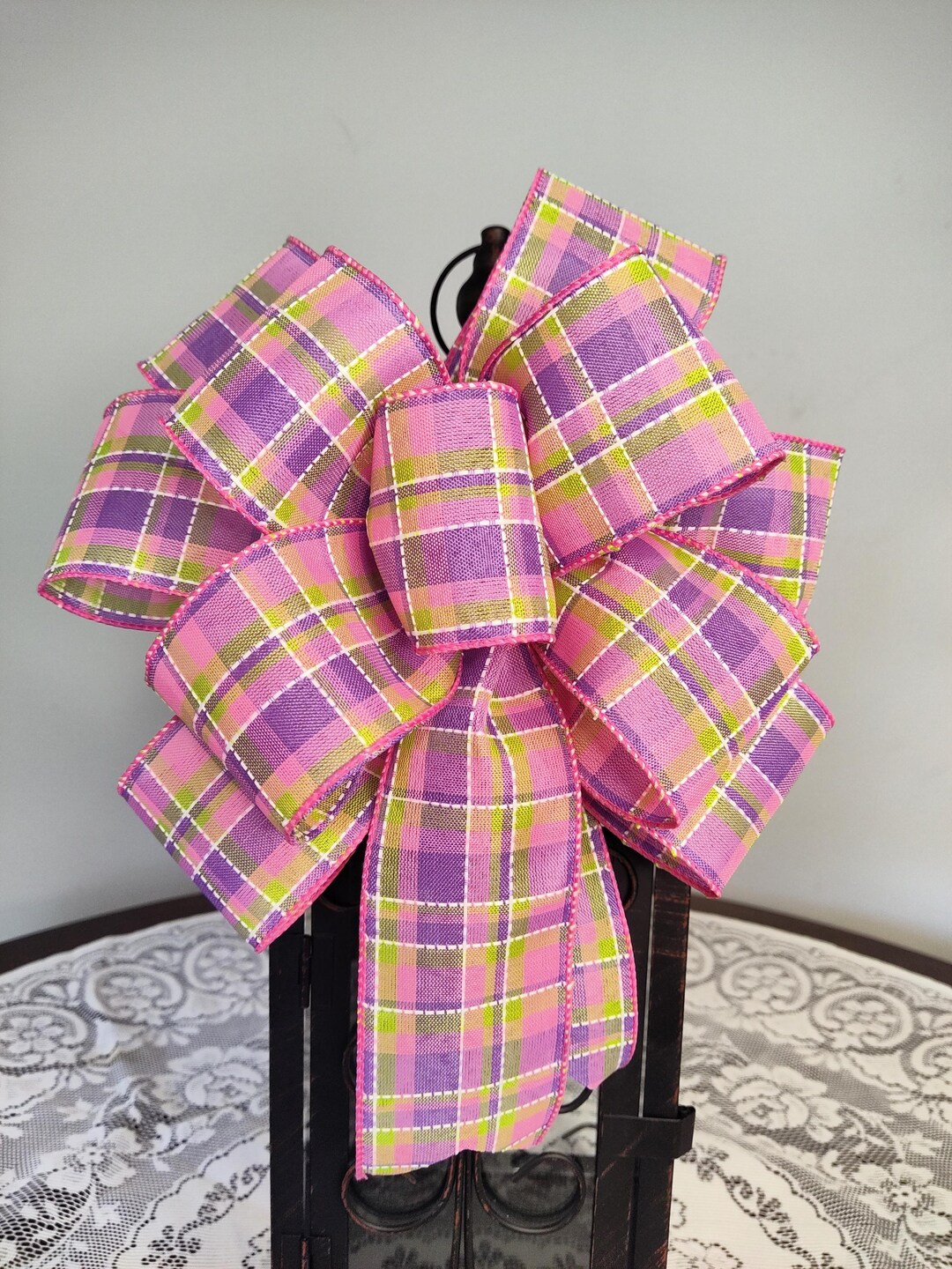 Spring Bow, Bright Plaid Bow, Pink Purple Lime Green Bow, Plaid Wreath ...