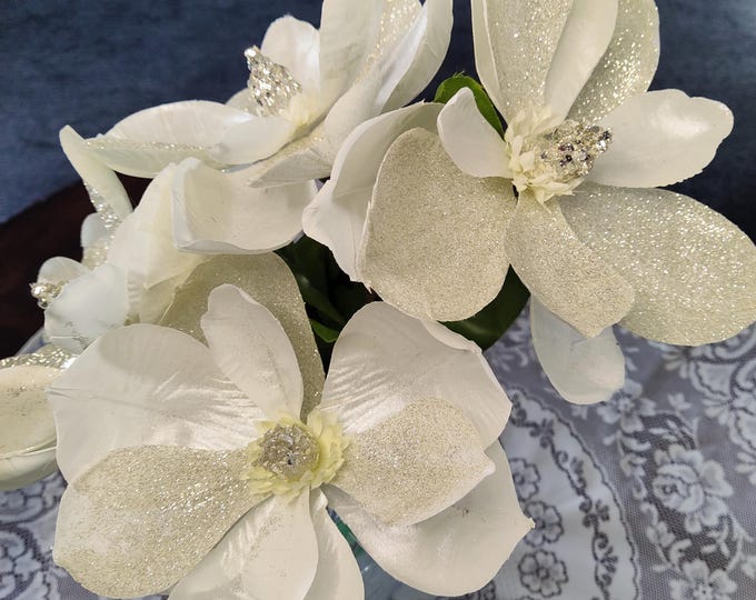 Elegant Glittered White Magnolia Floral Bush, Icy White Glitter ...