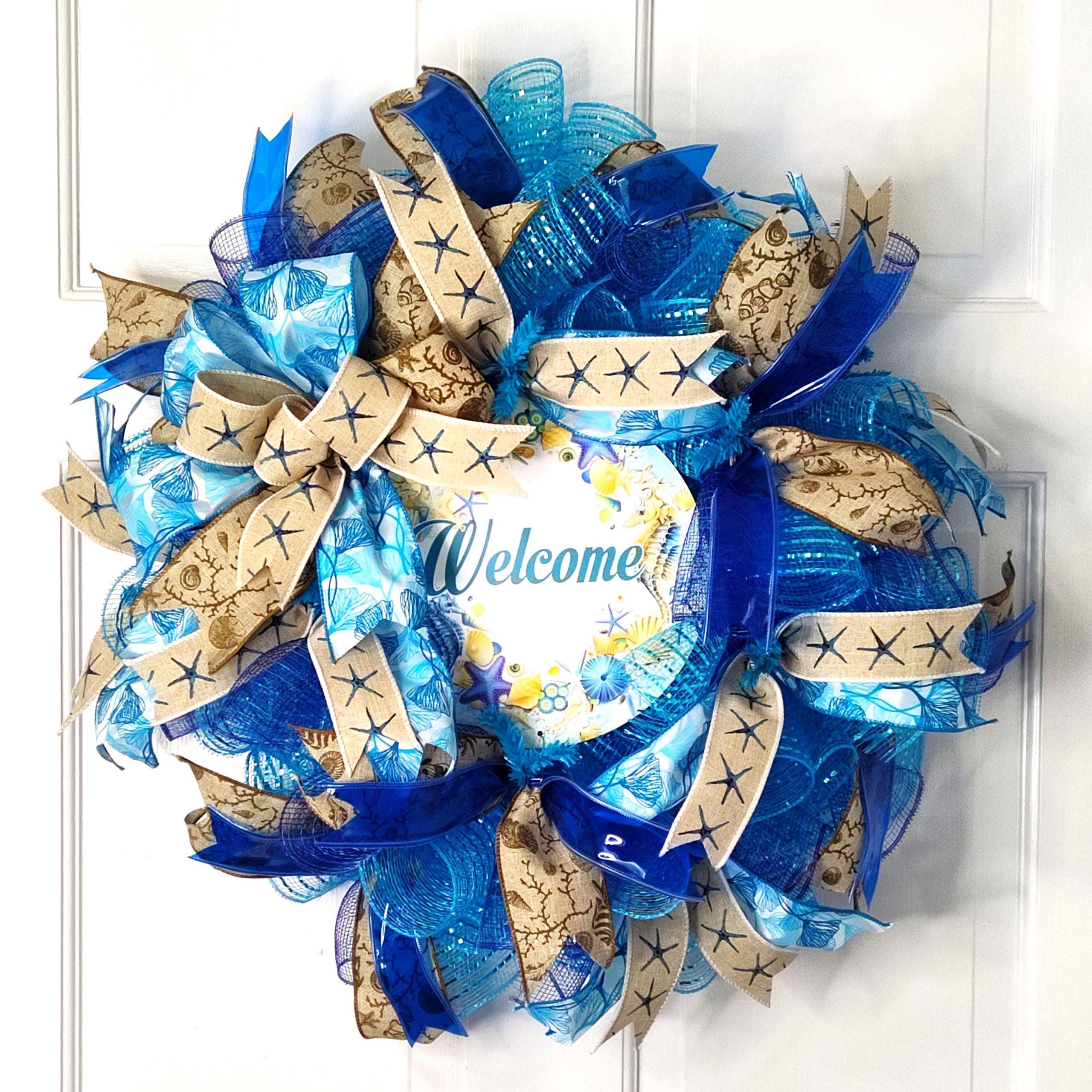 Coastal Beach Wreath, Welcome Wreath, Nautical Home Décor, Blue ...