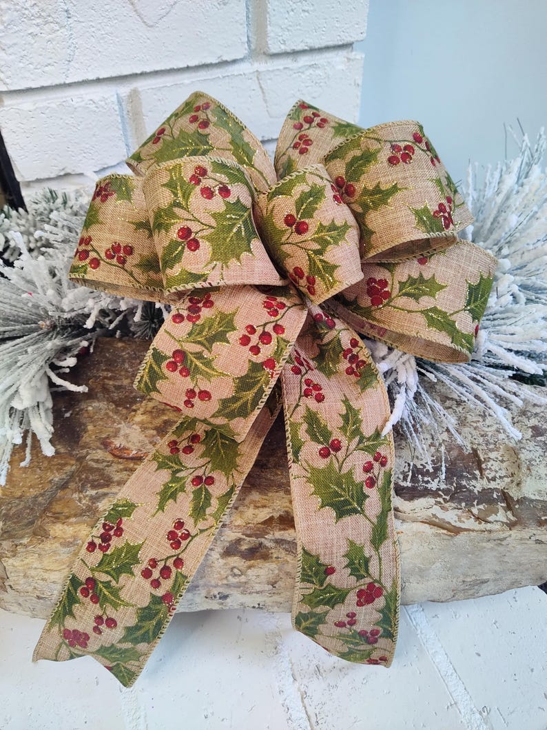 Christmas Bow, Holly Berry Bow, Classic Bow, Holiday Bow, Rustic Bow ...