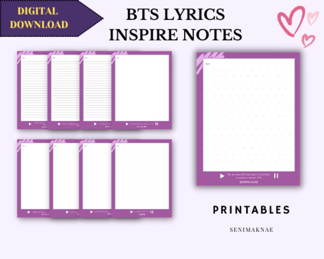 BTS Lyrics Inspire Notes, Printable, Digital Set US Letter Size Pdf Png ...