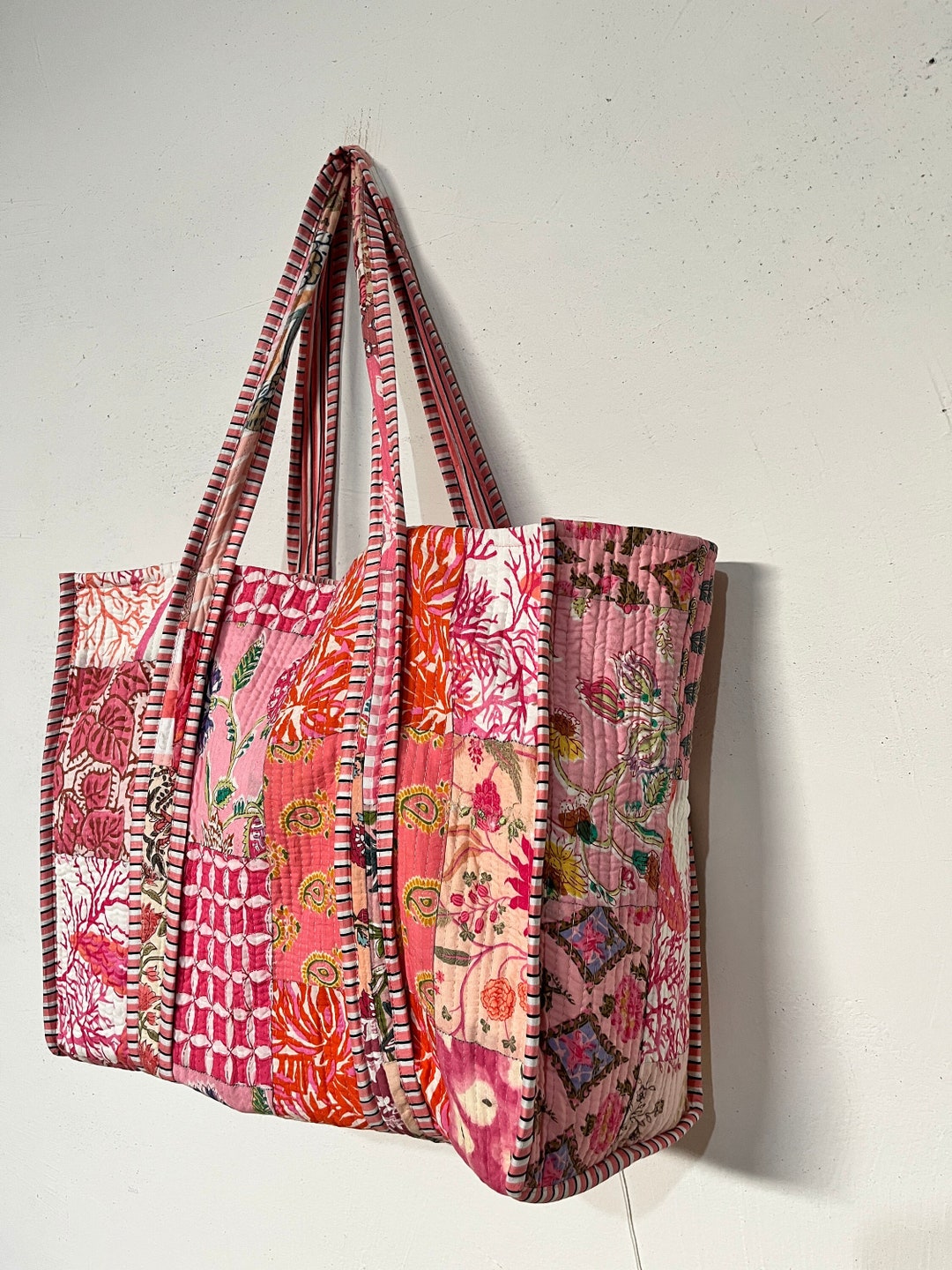 100% Cotton Patchwork Tote Bag Reversible Bag Quilted Shopping Bag ...