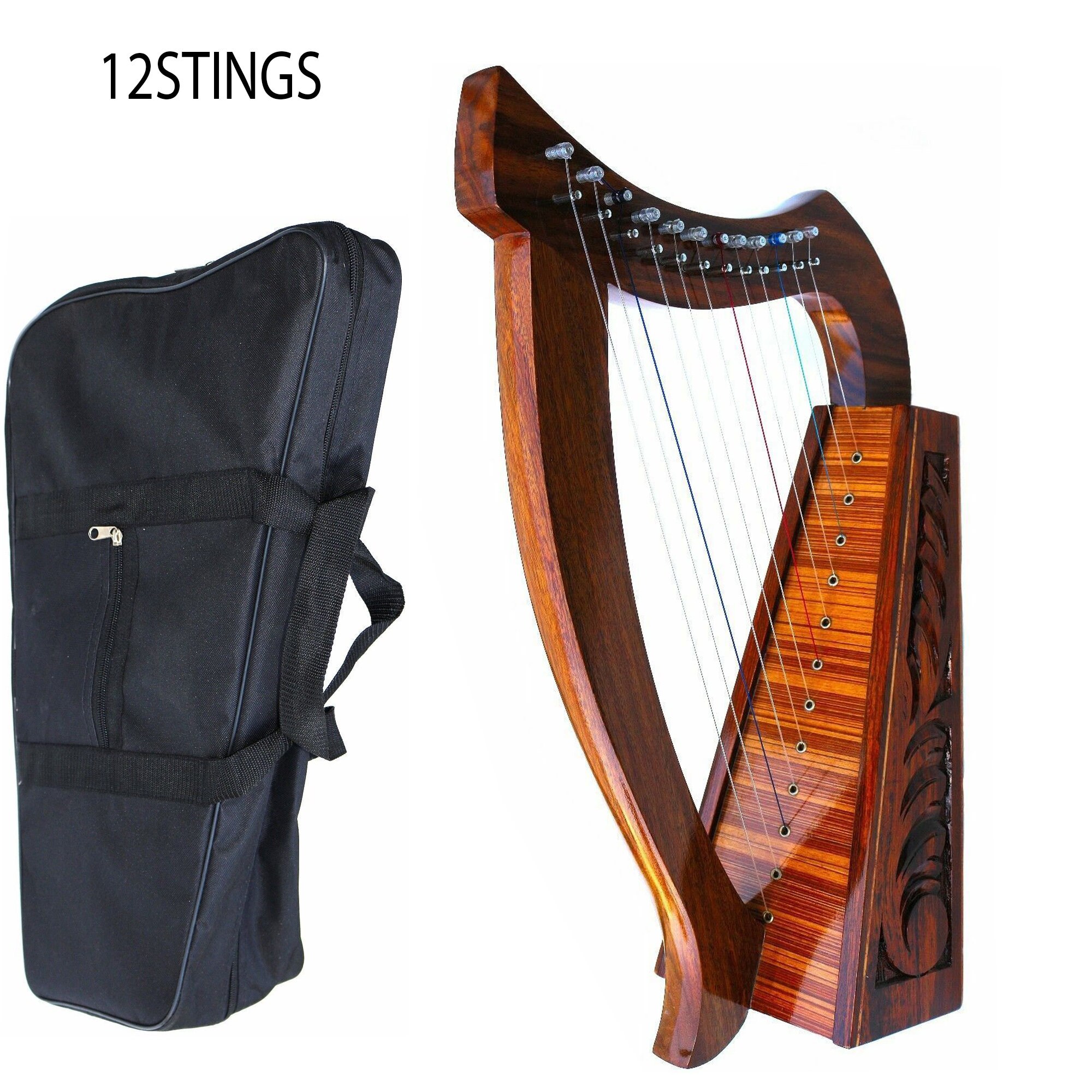 12 String Harp Irish Celtic Highland Solid Rosewood Natural Shape Nylon ...