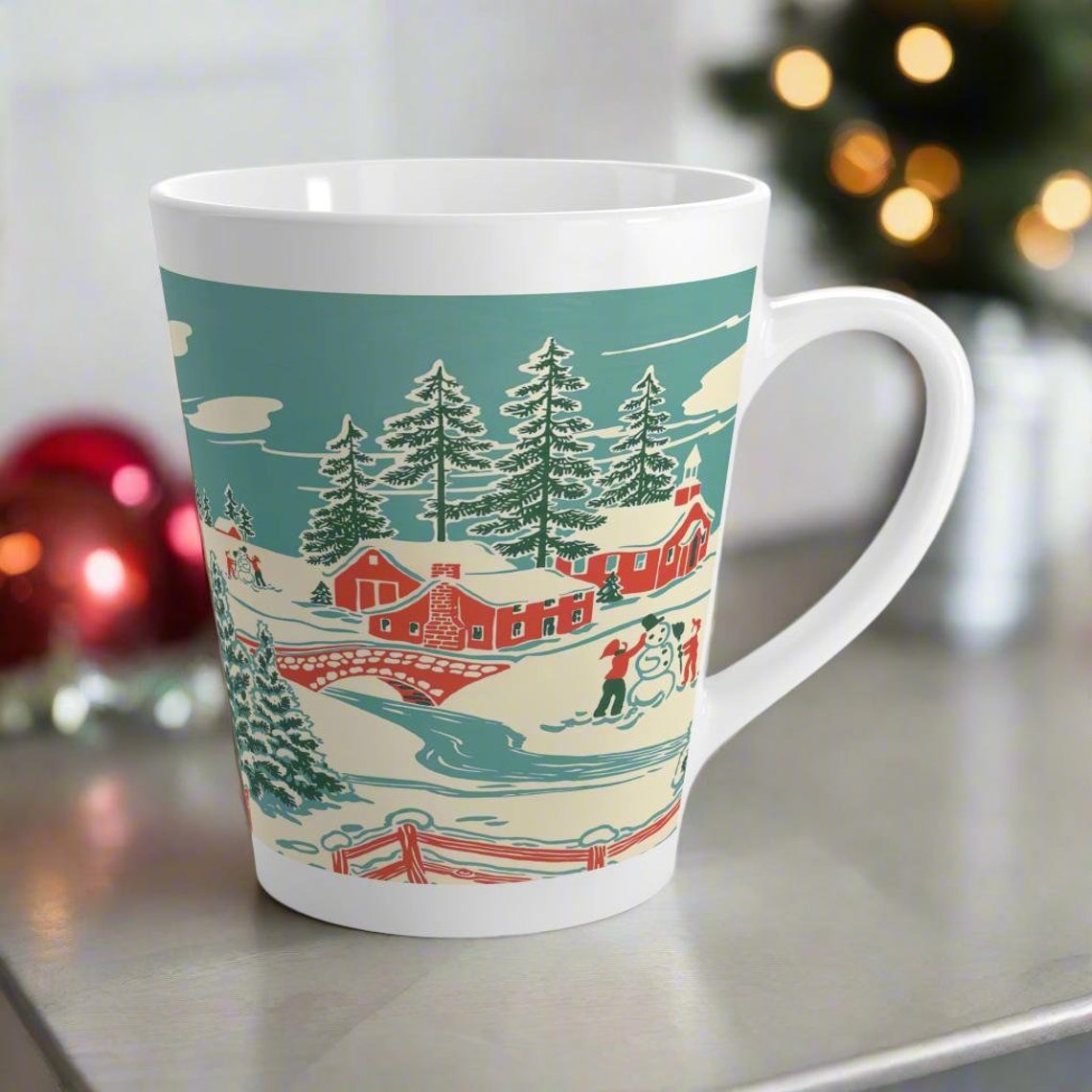 Christmas Winter Scene Latte Coffee Mug Cup Red Bridge Houses Trees ...