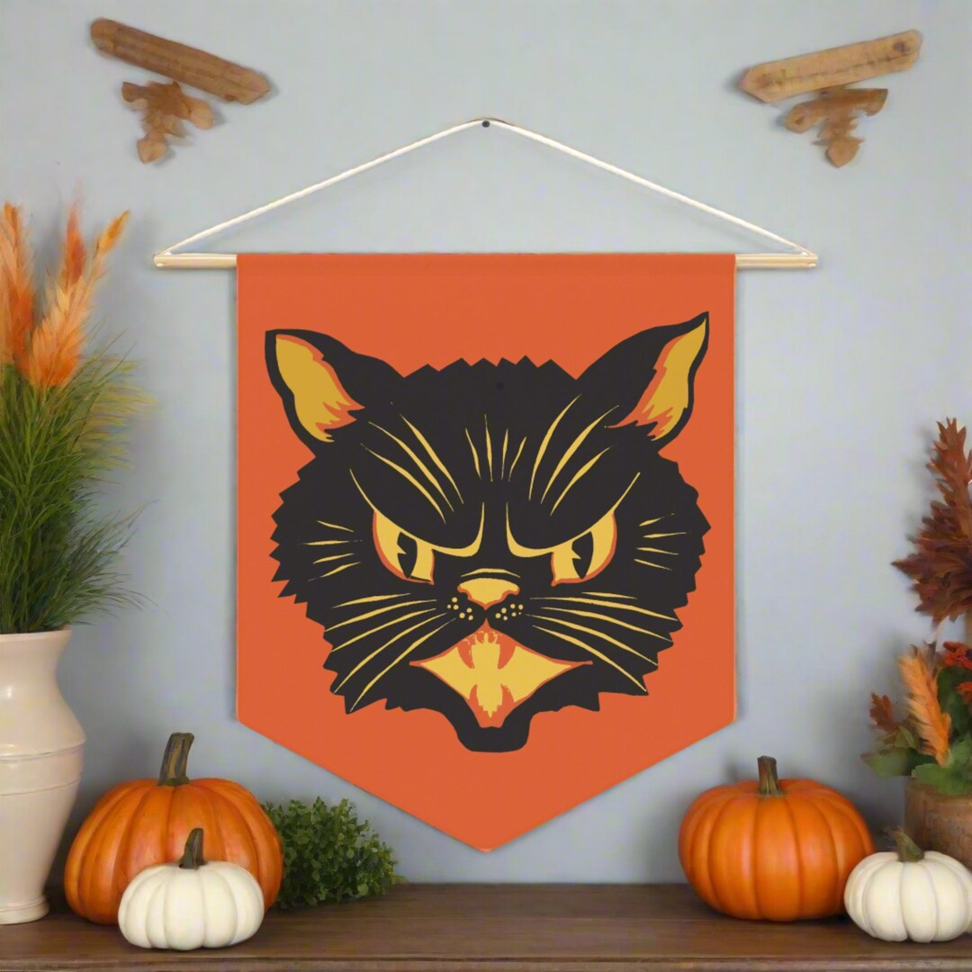 Retro Black Cat Halloween Wall Vintage Illustration Hanging Fall Gothic ...