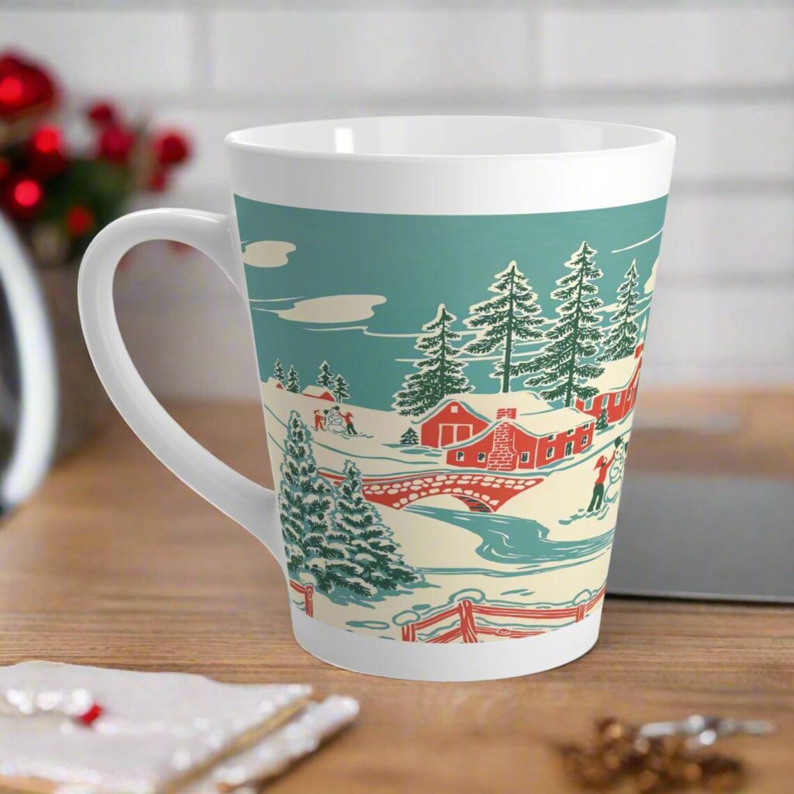 Christmas Winter Scene Latte Coffee Mug Cup Red Bridge Houses Trees ...