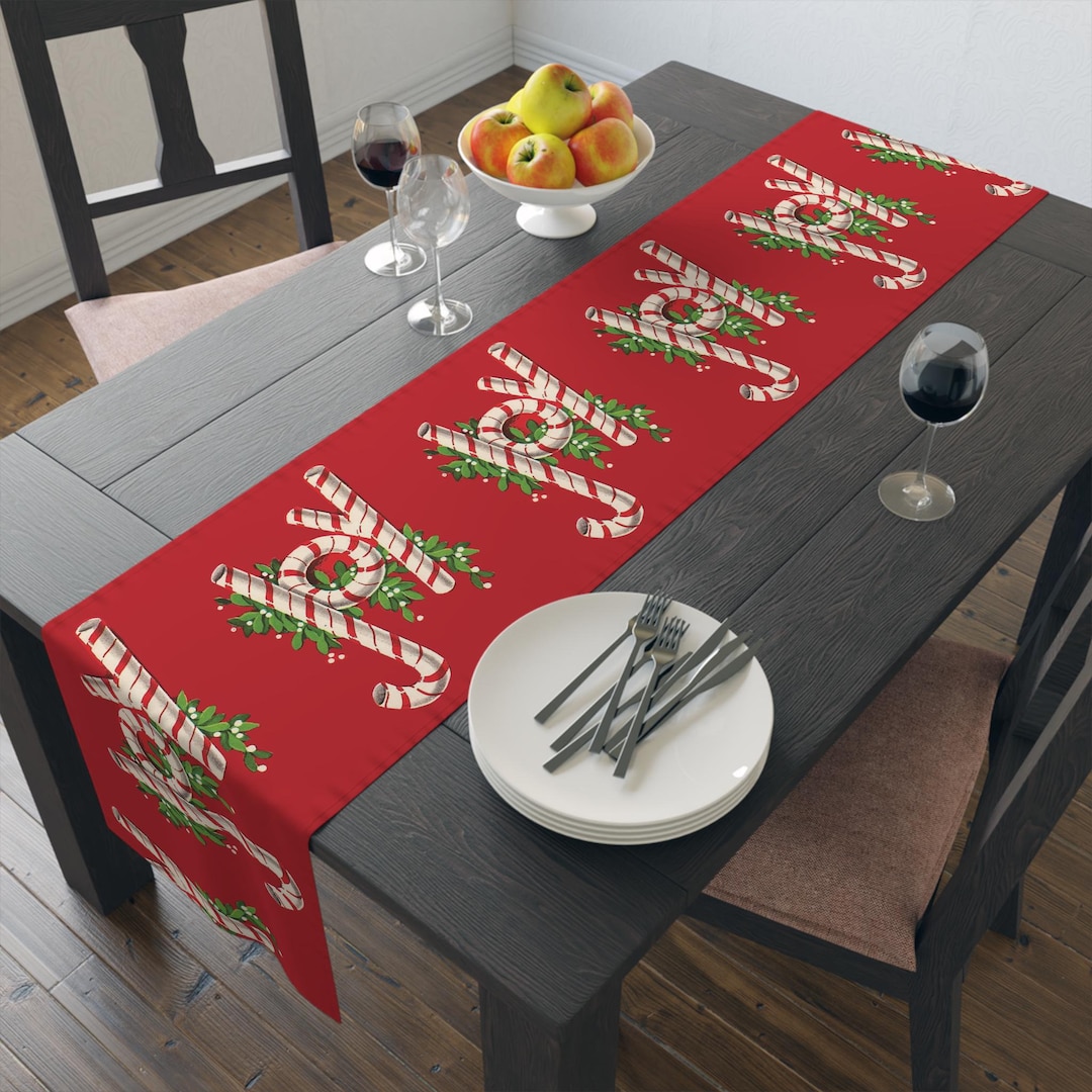 Joy Candy Canes Retro Christmas Table Runner Polyester Fabric Linen ...