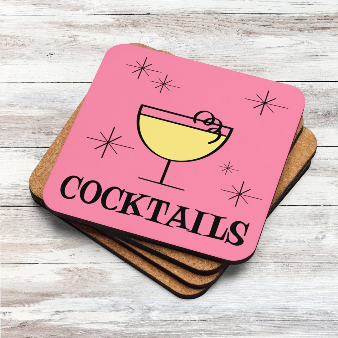 Cute Coaster Pink Cocktails Atomic Era Retro Style Cork-back Home Bar ...