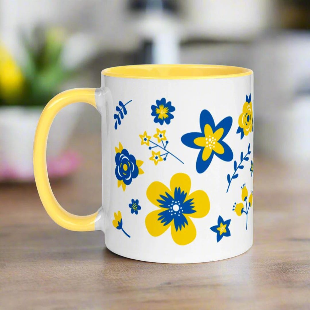 Ukrainian Country Flowers Mug Yellow Lined Ceramic Coffee Cup Hot Tea ...