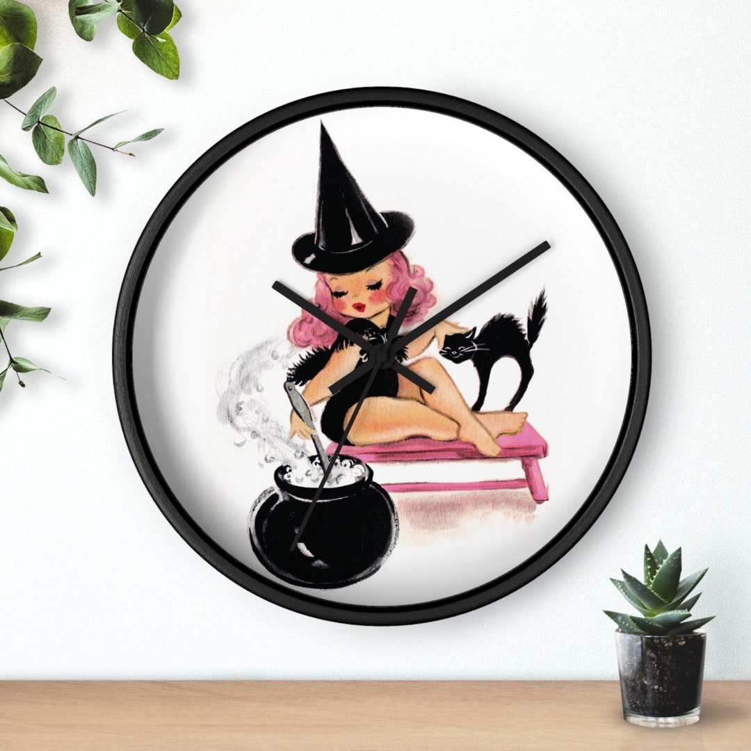 Wall Clock Pink Witch Black Cat Cauldron Retro Halloween Fall Print ...