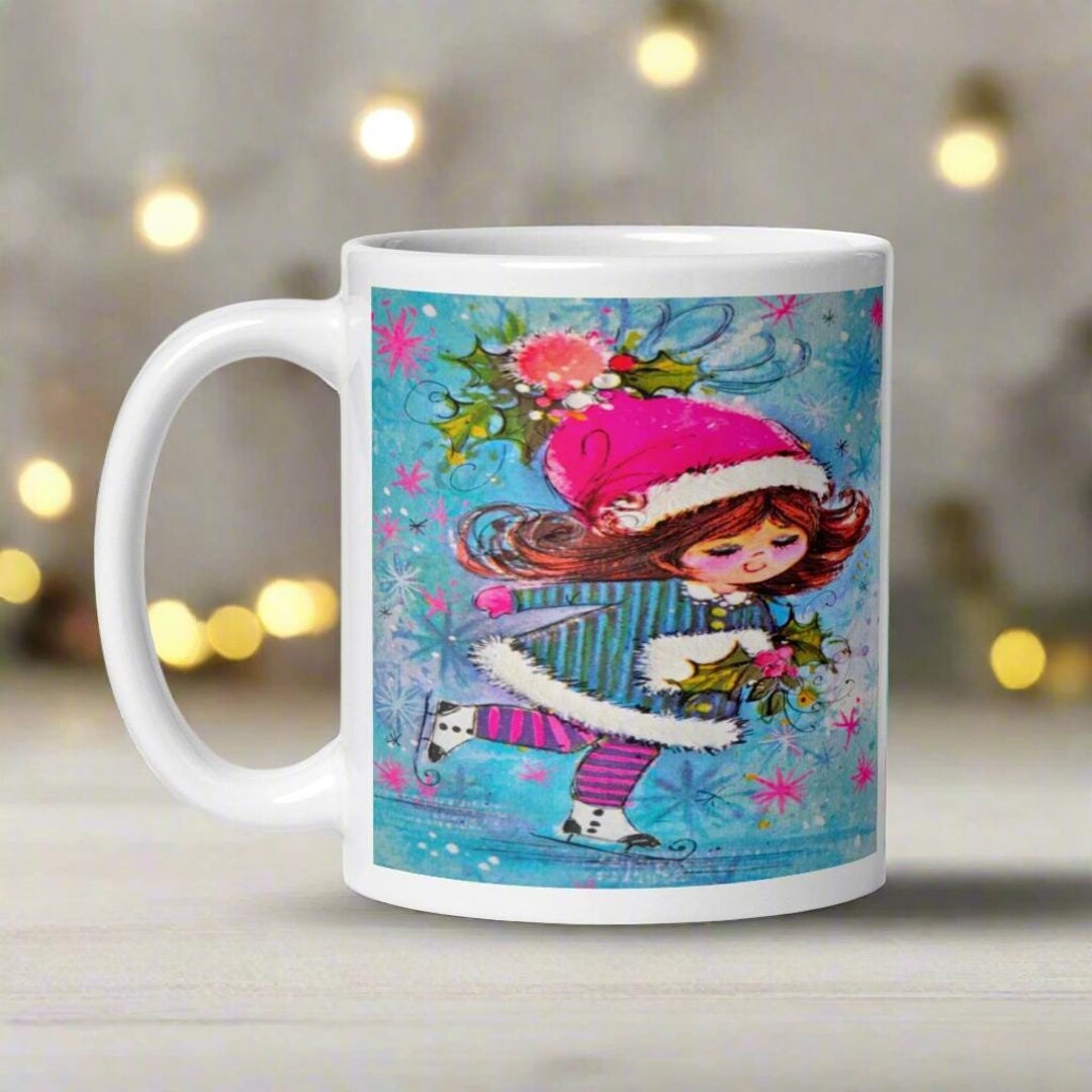 Christmas Mug Ice Skating Girl Holly Mod Retro Glossy Coffee Cup Unique ...