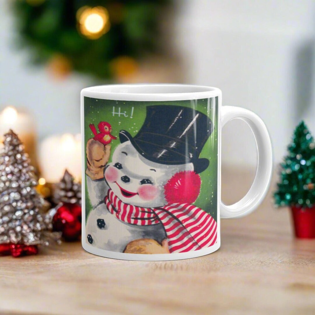 Christmas Mug Hi Snowman Red Bird Retro Vintage Glossy Ceramic Coffee ...