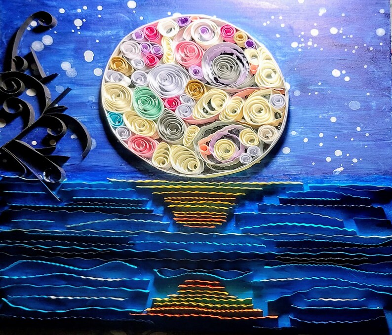 Quilling Wall Art, Multicolored Moon Over Water, Mixed Media, Paper ...
