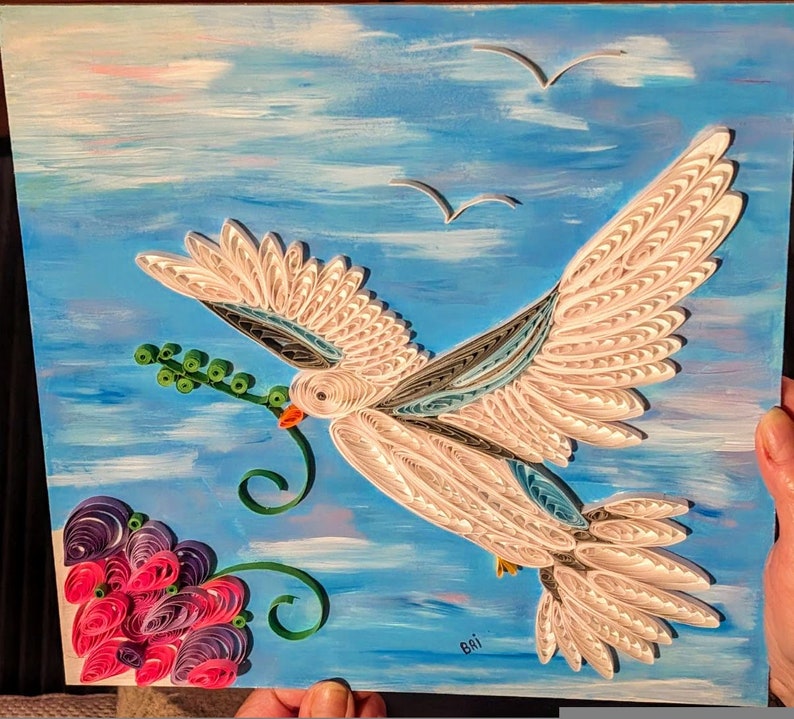 Framed Peace Dove Quilling Art, Acrylic Painting, Colorful Flowers - Etsy