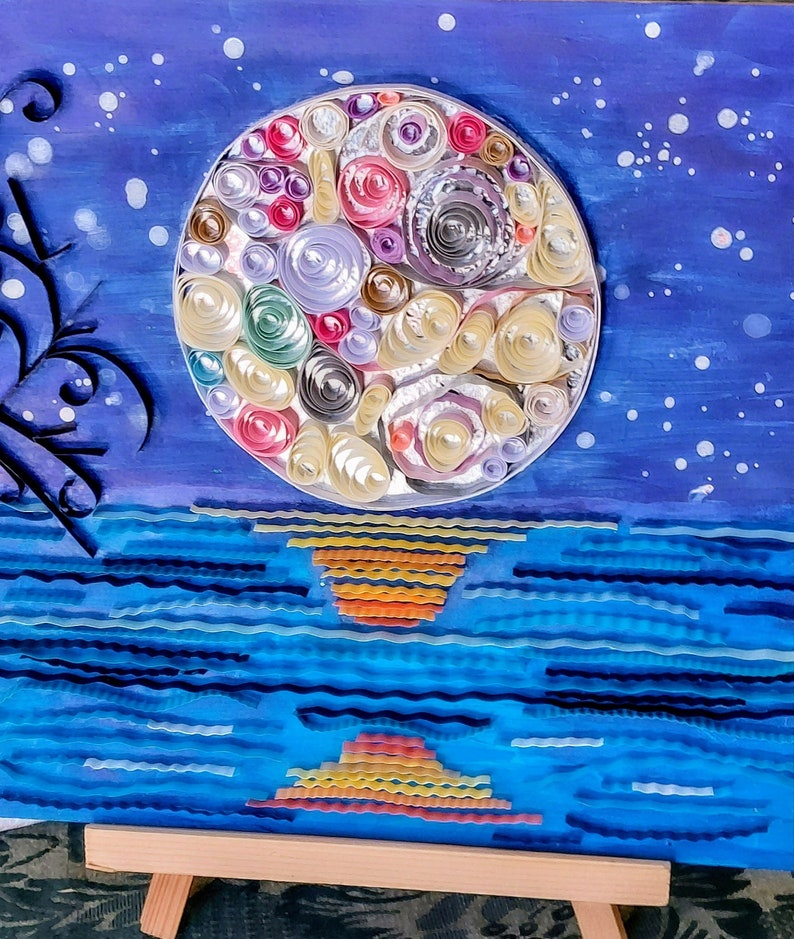 Quilling Wall Art, Multicolored Moon Over Water, Mixed Media, Paper ...