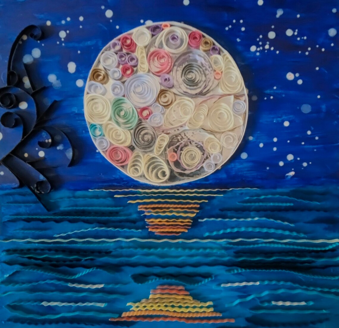 Quilling Wall Art, Multicolored Moon Over Water, Mixed Media, Paper ...