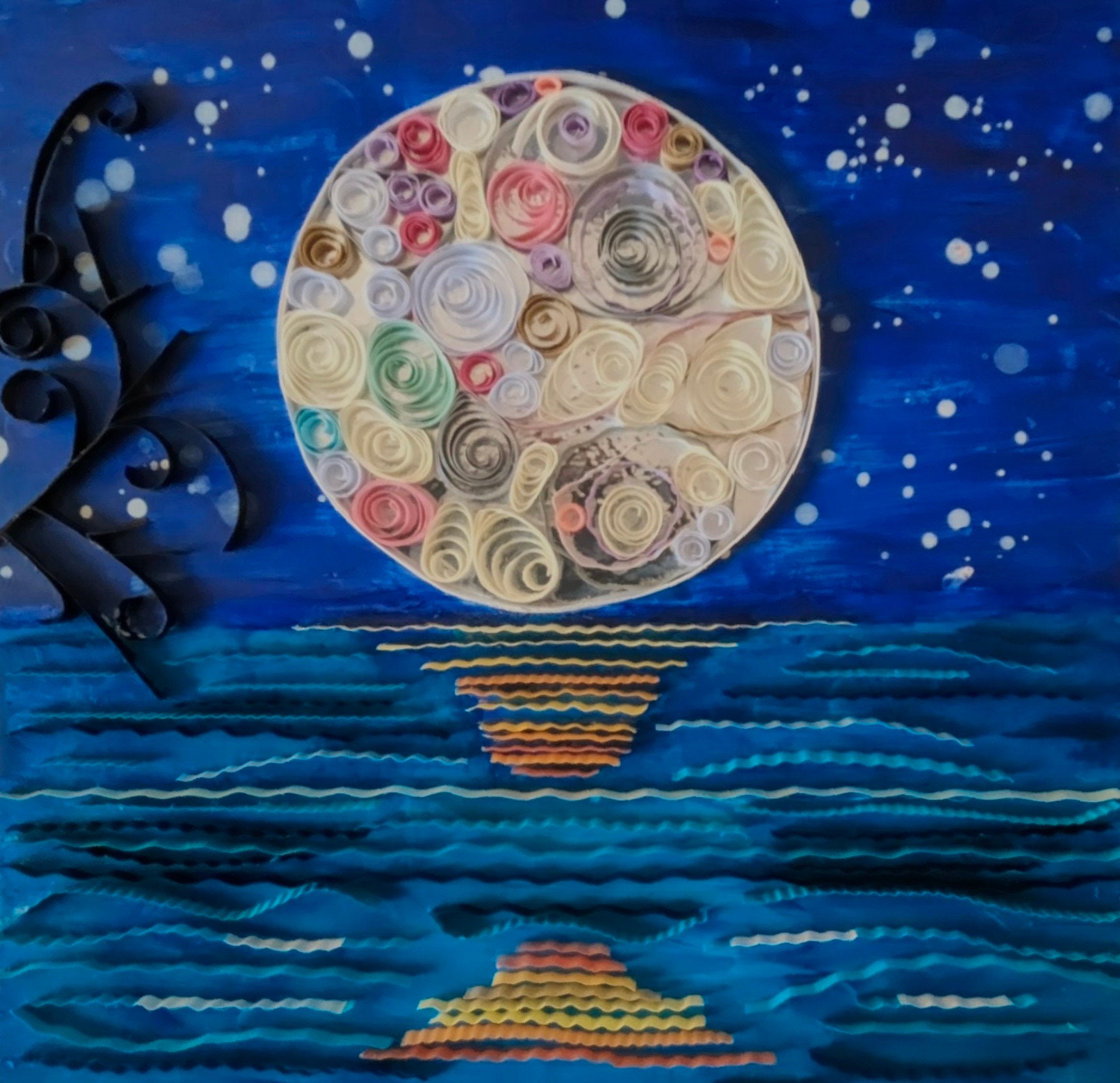 Quilling Wall Art, Multicolored Moon Over Water, Mixed Media, Paper ...