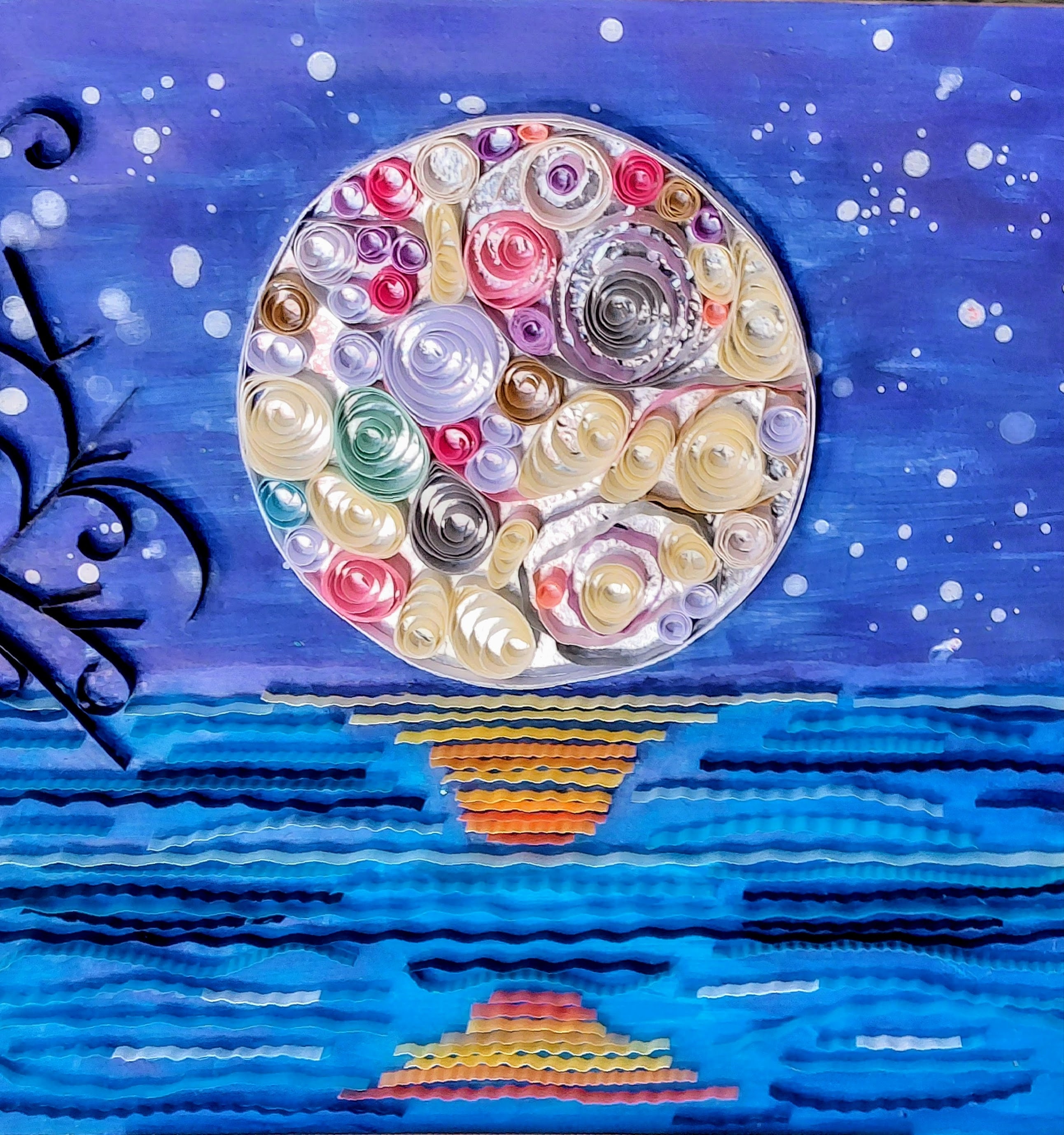Quilling Wall Art, Multicolored Moon Over Water, Mixed Media, Paper ...