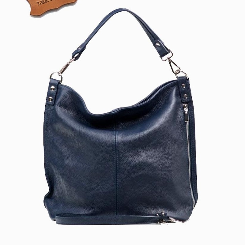 Navy Blue Leather Shoulder Bag - Etsy
