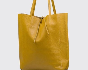 Tote Leather Bag in Mustard YELLOW. Soft Natural GENUINE - Etsy