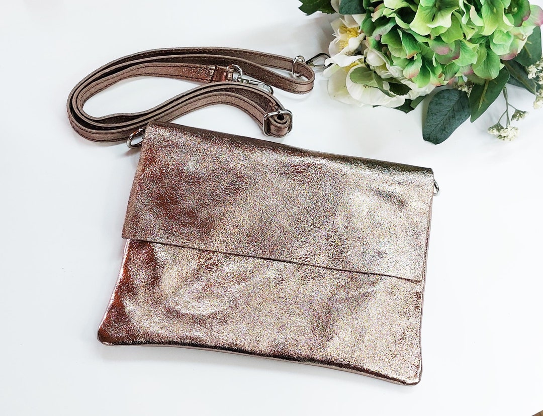 Top Zip Bronze Real Leather Shoulder Bag, Metallic Leather Cross Body ...