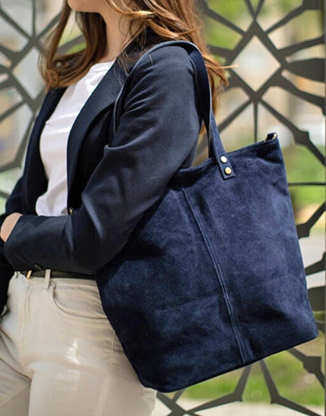 Navy Blue Suede Leather Tote Bag, Leather Shoulder Bag Crossbody Bag ...