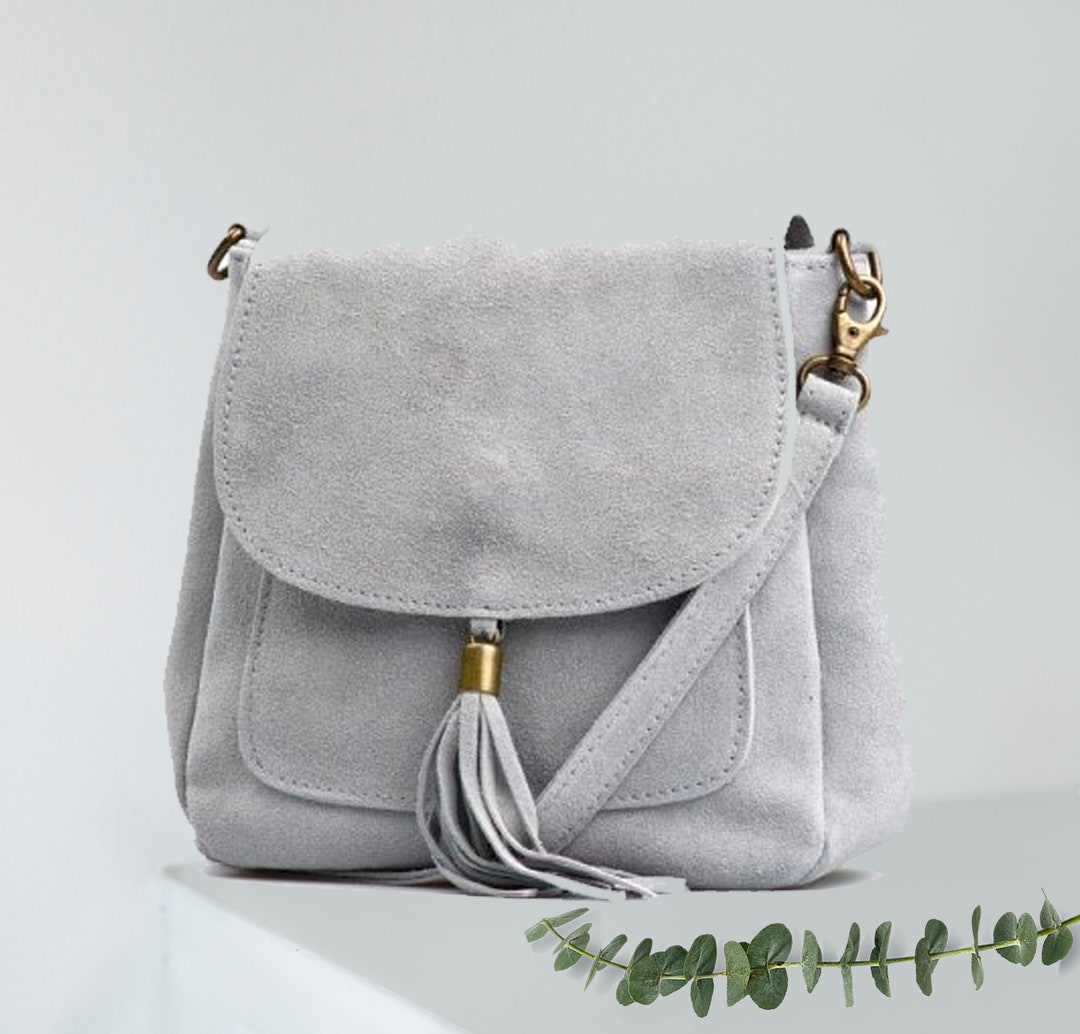Grey Suede Real Leather Small Crossbody Bag, Genuine Leather Cross Body ...