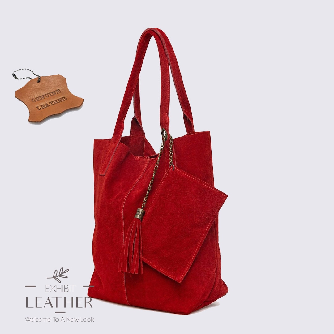 Red Suede Leather Tote Bag, Leather Shoulder Bag, Red Laptop Bag ...
