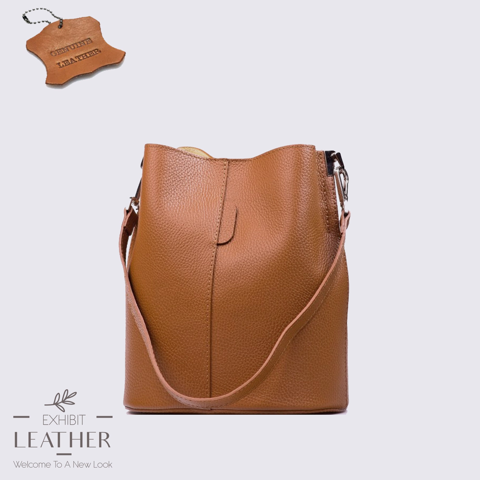 Cognac Brown Leather Bucket Bag: Tan Shoulder Bag With Silver Fittings ...