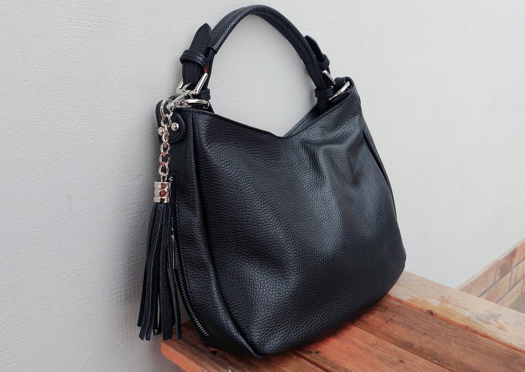 Black Genuine Leather Top Zip Shoulder Bag With Tassel | Etsy