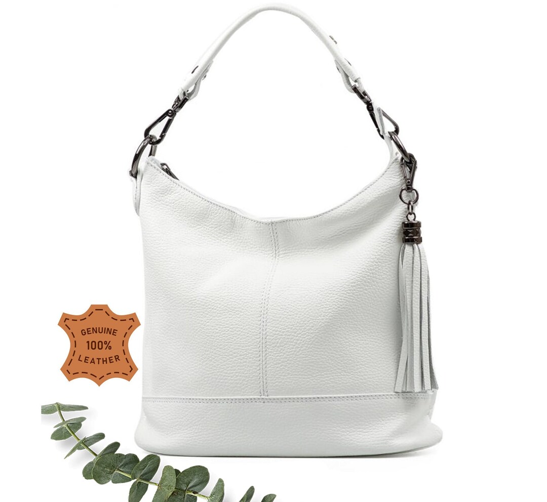 White Genuine Leather Top Zip Shoulder Bag With Tassel, Leather Handbag ...