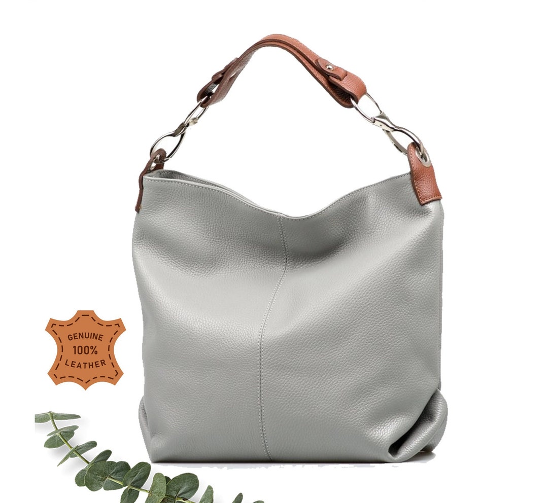 Grey and Brown Genuine Leather Top Zip Shoulder Bag, Leather Handbag ...
