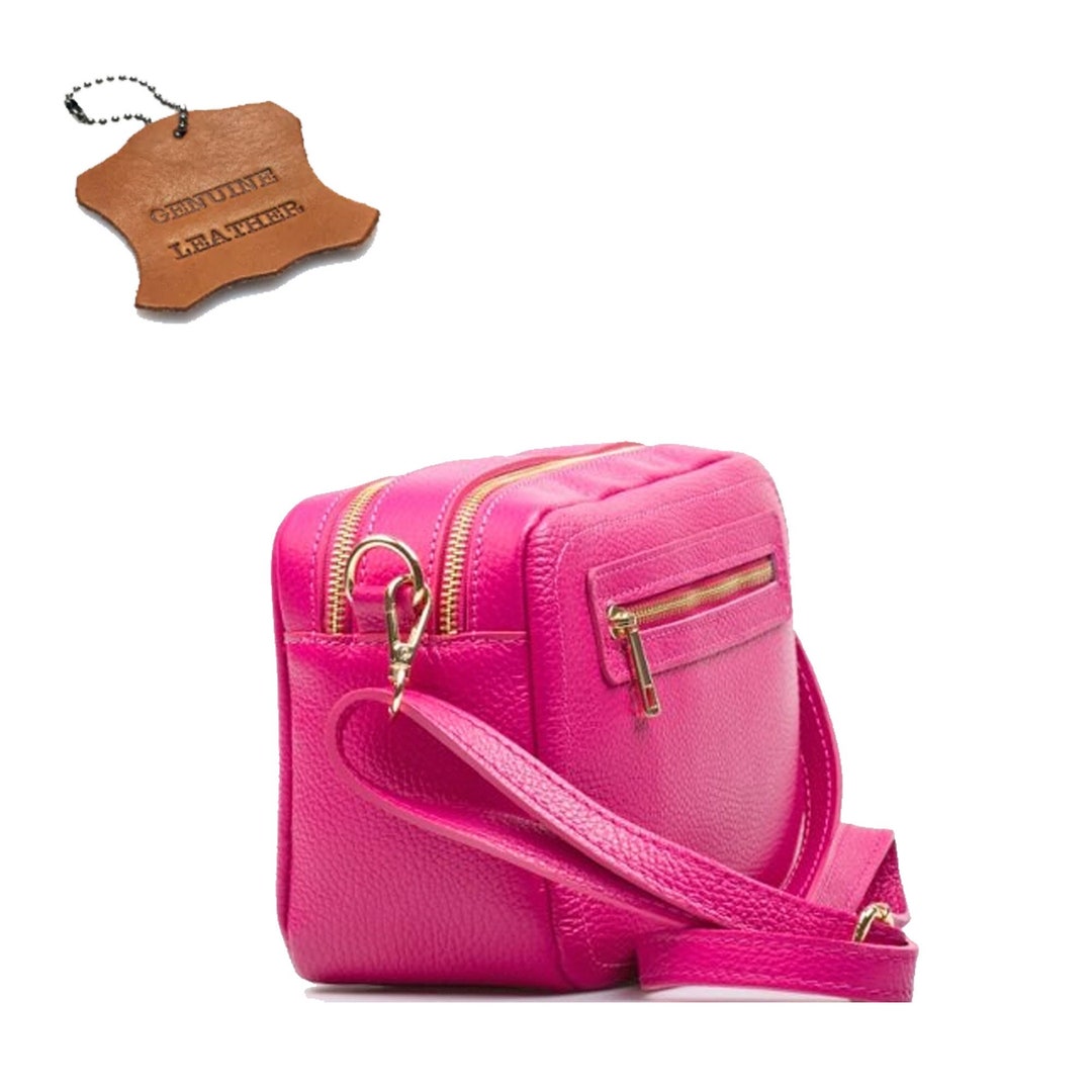Fuchsia Leather Crossbody Bag: Genuine Leather Top Zip Purse - Etsy