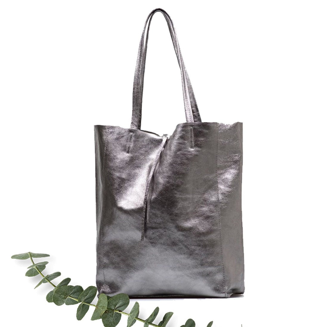 Maxi Tote Leather Bag in Gunmetal, Leather Shopper in Dark Silver, Soft ...