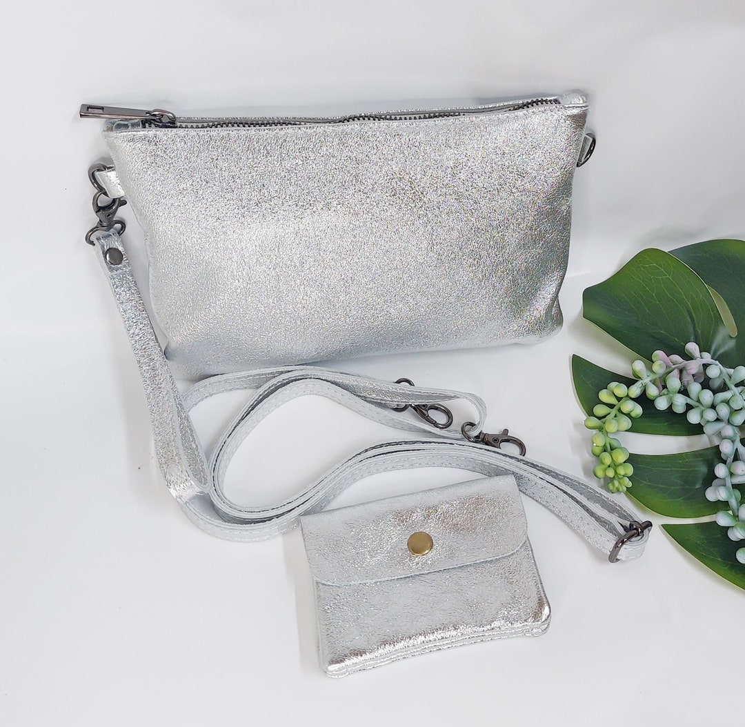 Silver Leather Crossbody Bag With Wallet: Top Zip Small Handbag - Etsy UK