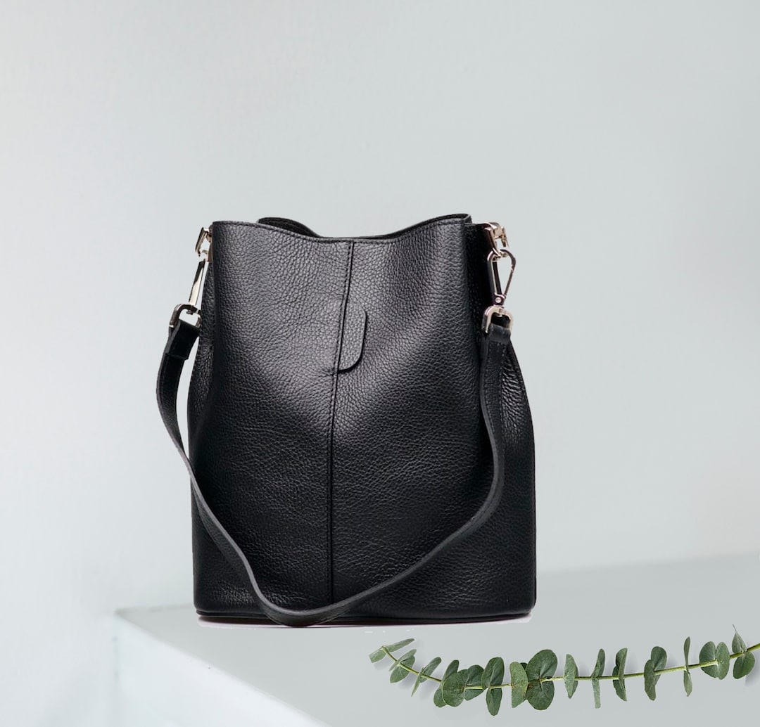 Black Leather Bucket Bag: Silver Hardware, Detachable Straps - Etsy