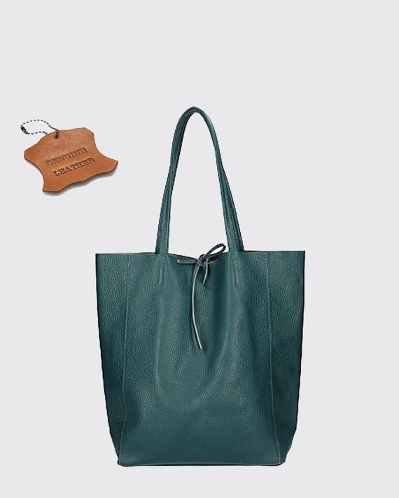 Maxi Tote Leather Bag in Teal Leather Shopper in Dark Green - Etsy