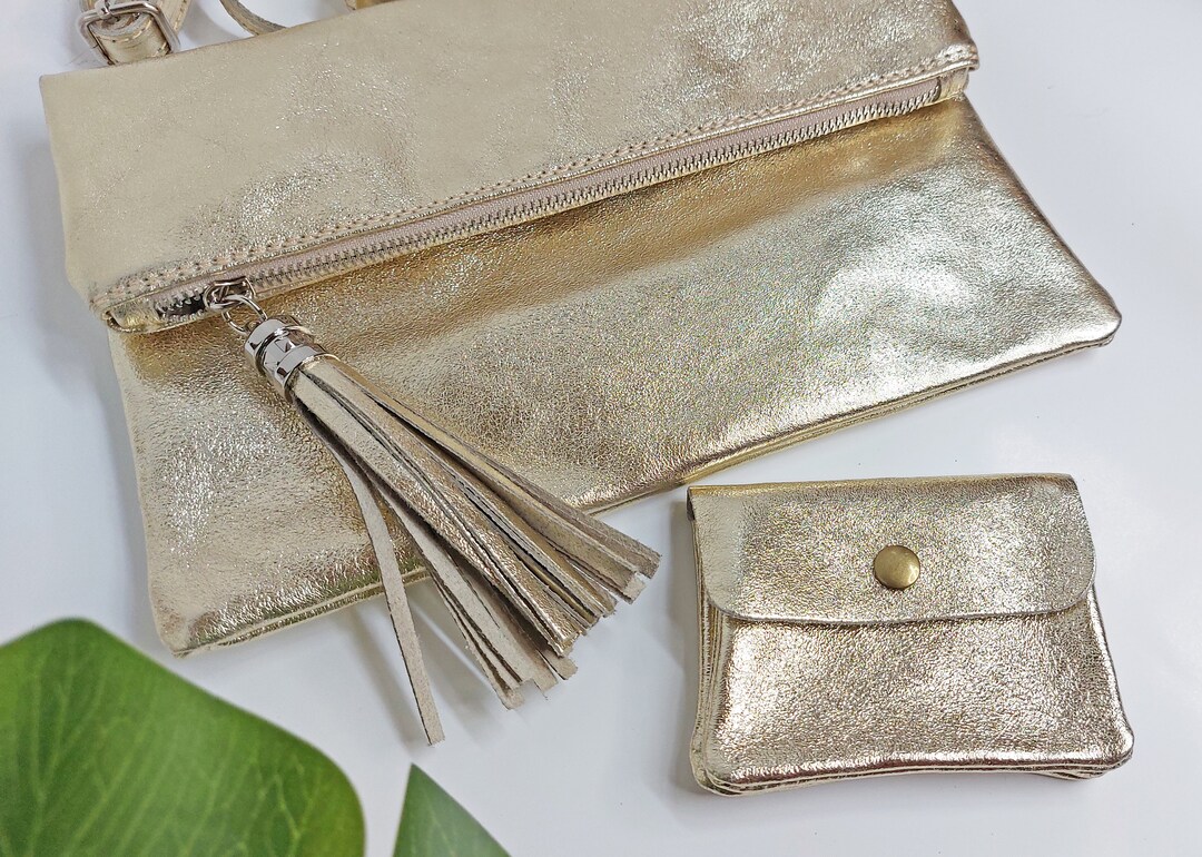 Gold Leather Crossbody Bag: Small Clutch Purse, Genuine Leather - Etsy