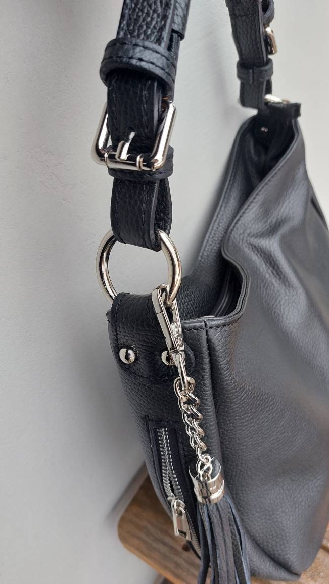 Black Genuine Leather Top Zip Shoulder Bag With Tassel | Etsy