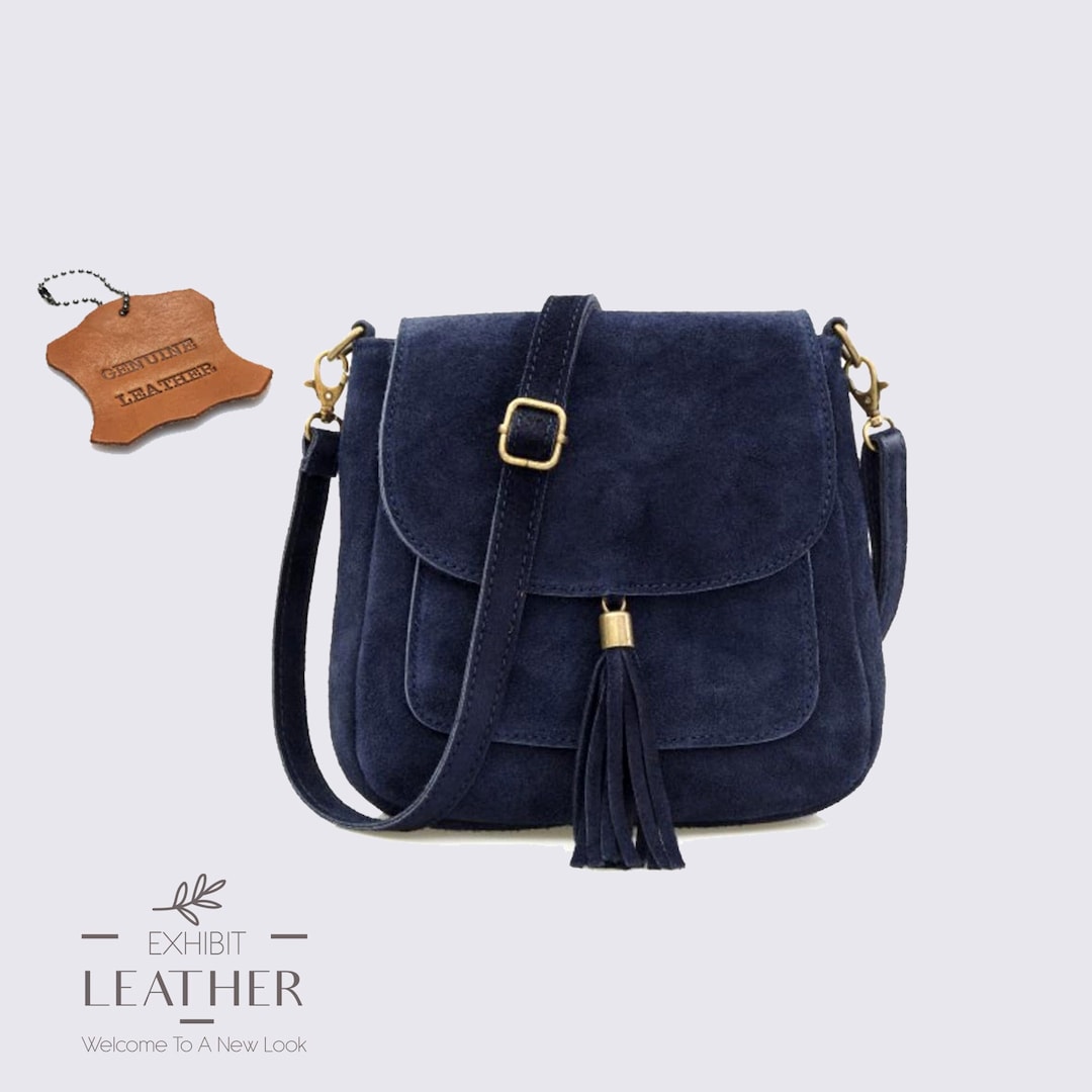Navy Blue Suede Small Real Leather Crossbody Bag, Genuine Leather Cross ...