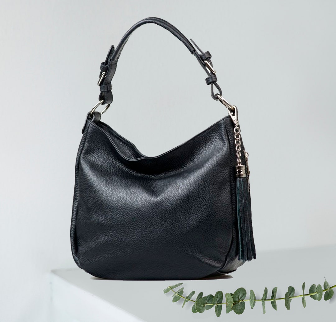 Black Genuine Leather Top Zip Shoulder Bag With Tassel, Leather Handbag ...