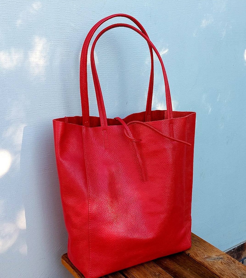Red Tote Bag Real Leather Tote Bag in Red Leather Shopper in - Etsy