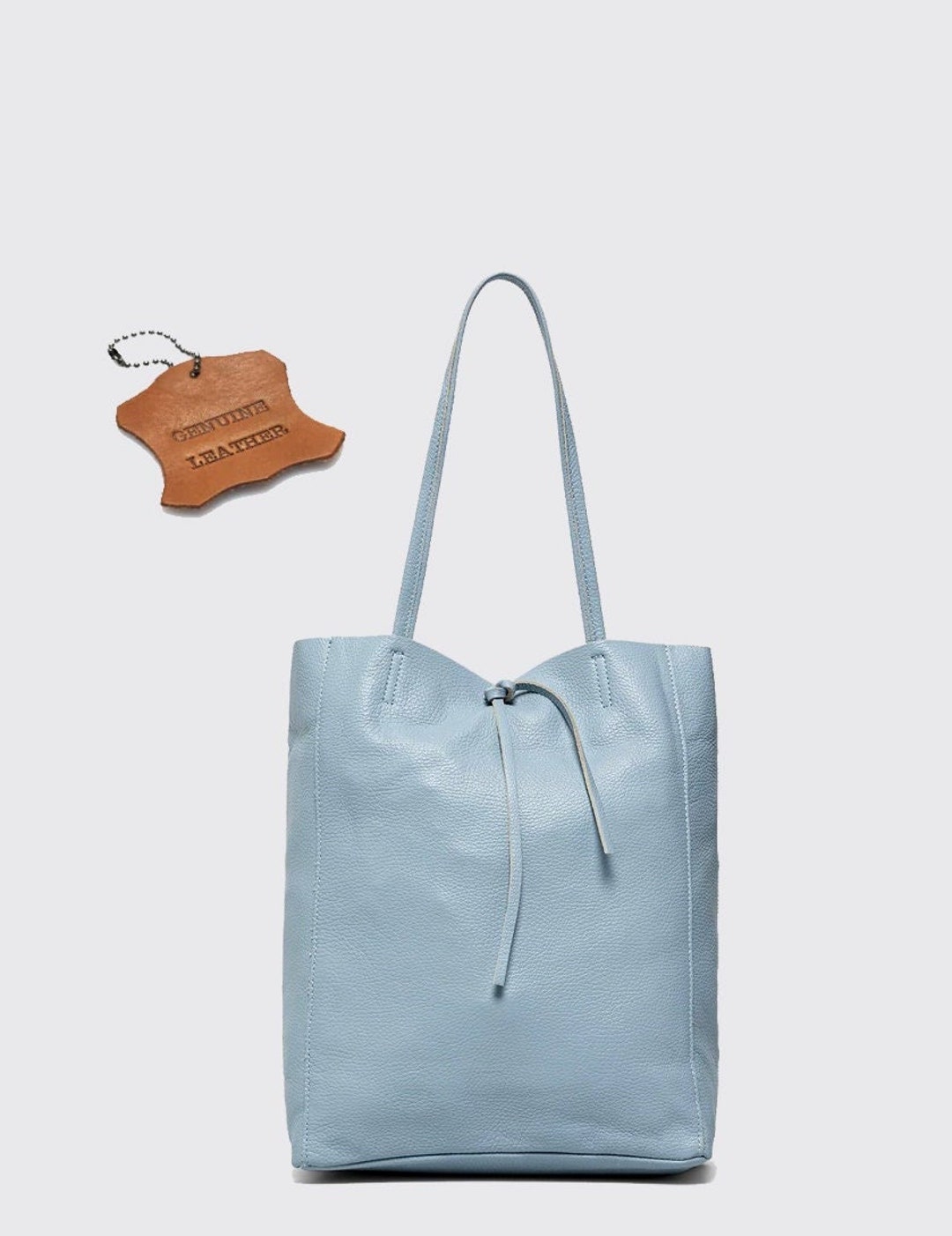 Light Blue Leather Tote Bag: Minimalist Shopper, Large Laptop Bag - Etsy