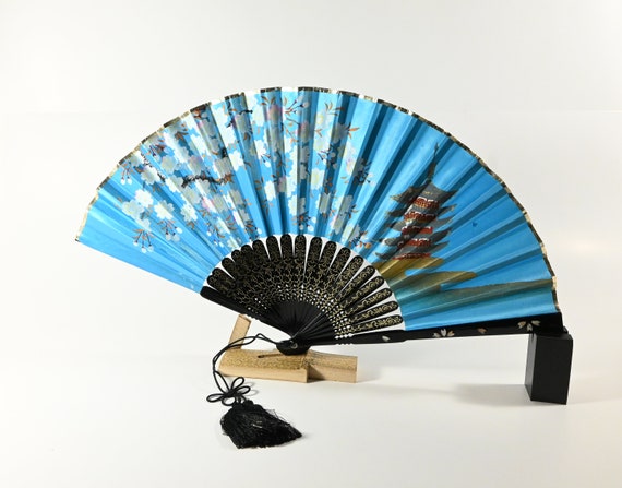 Vintage Japanese OHGI Fan with Flowers and Temple - Gem