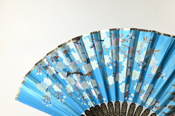 Vintage Japanese OHGI Fan with Flowers and Temple - Gem